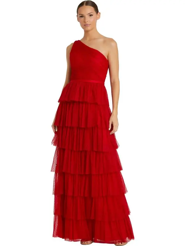 Mac Duggal One-shoulder Tiered Tulle Gown - Red