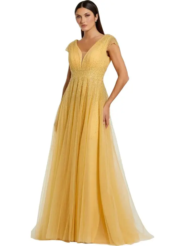 Mac Duggal Embellished Cap-sleeve V-neck Tulle Gown - Yellow