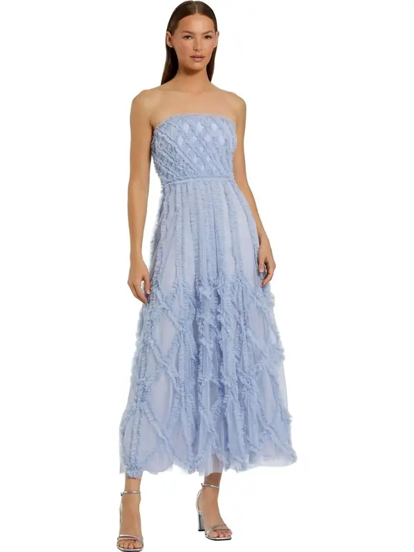 Mac Duggal Mesh Ruffle Strapless A-line Midi Dress - Periwinkle