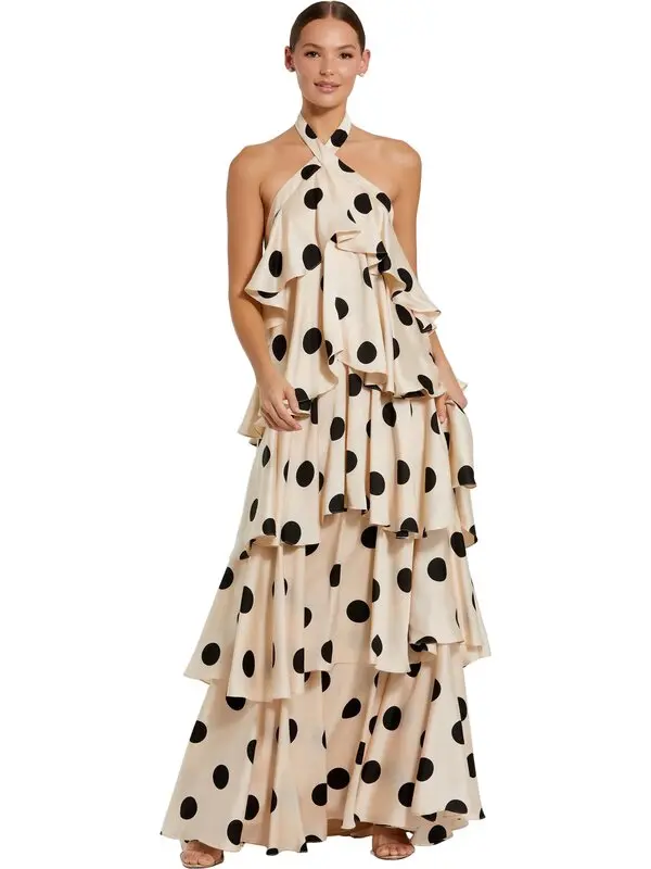 Mac Duggal Tiered Ruffle Polka Dot Charmeuse Gown - Cream Black