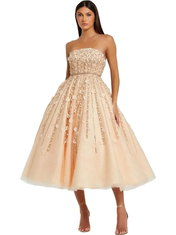 Mac Duggal Embellished Lace Strapless A-line Midi Dress - Champagne