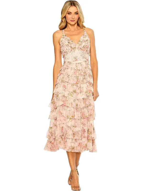 Mac Duggal Floral Mesh Ruffle Midi Dress - Blush Multi