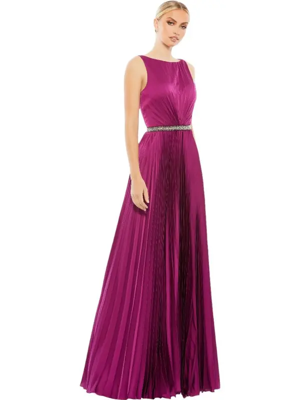 Mac Duggal Pleated Bateau Gown With Beaded Waist - Berry