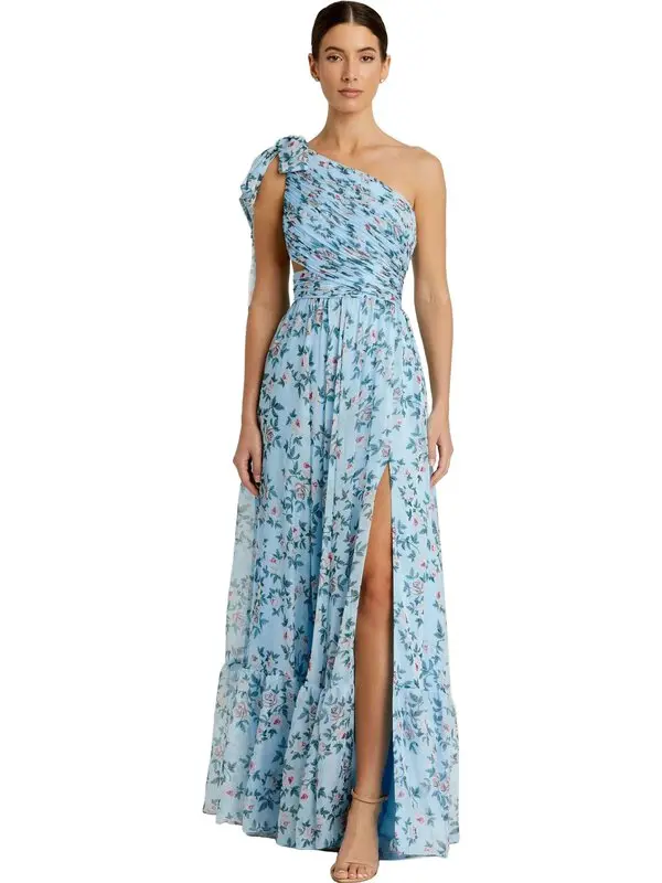 Mac Duggal Floral Chiffon One-shoulder Gown - Aqua Multi