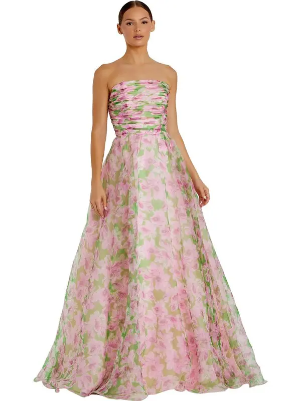 Mac Duggal Floral Chiffon Strapless Gown With Ruching - Pink