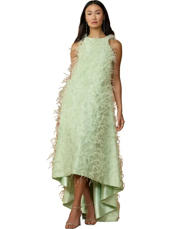 MAC DUGGAL COLLECTION Sleeveless Feather-embellished High-low Gown - Mint