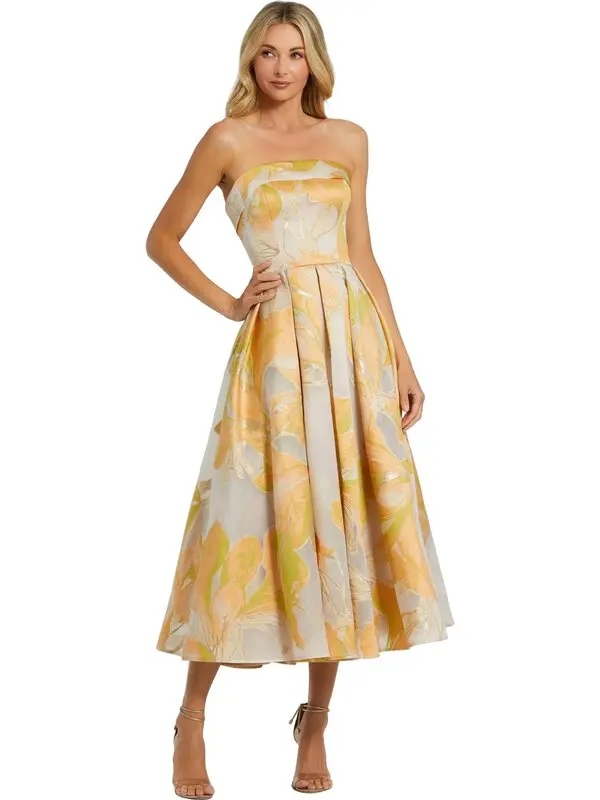 Mac Duggal Floral Brocade Strapless Midi Dress With Pockets - Peach Multi