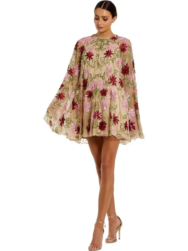 Mac Duggal Floral Embellished Cape Mini Dress - Neutral