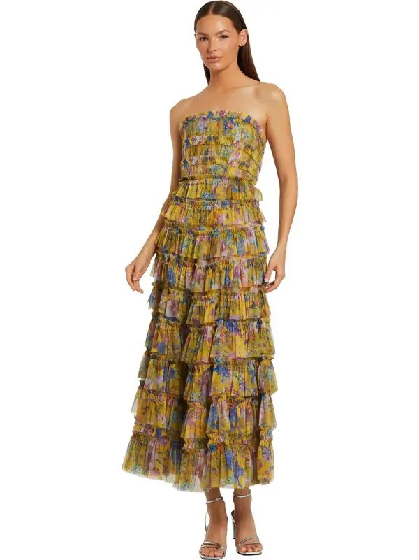 Mac Duggal Floral Strapless Ruffle Maxi Dress - Yellow