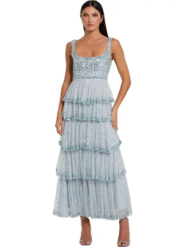 Mac Duggal Embellished Net Tiered Ruffle Scoop Neck Dress - Powder Blue