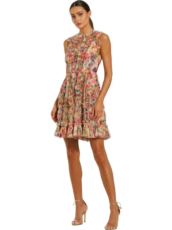 Mac Duggal Micro Ruffle Floral A-line Mini Dress - Multicolor