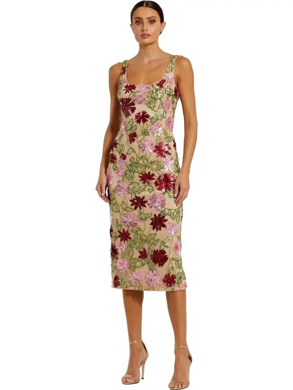 Mac Duggal Floral Beaded Scoop Neck Midi Dress - Nude Multi