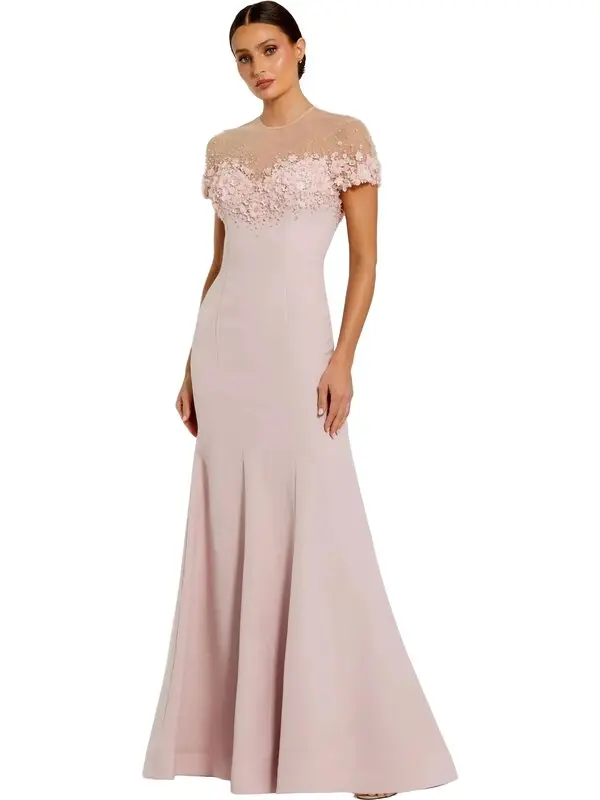 Mac Duggal Crepe Mermaid Gown With Beaded Illusion Neck - Mauve