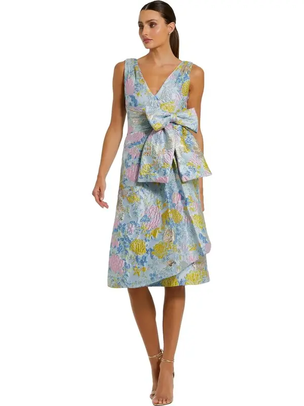 Mac Duggal Floral Brocade Sleeveless Midi Dress With Bow - Blue Multi