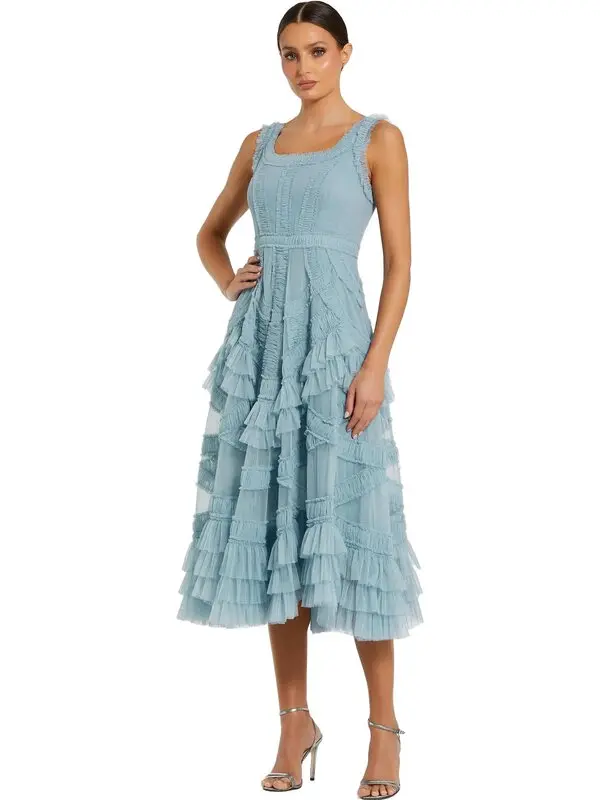 Mac Duggal Sleeveless A-line Ruffle Midi Dress - Blue