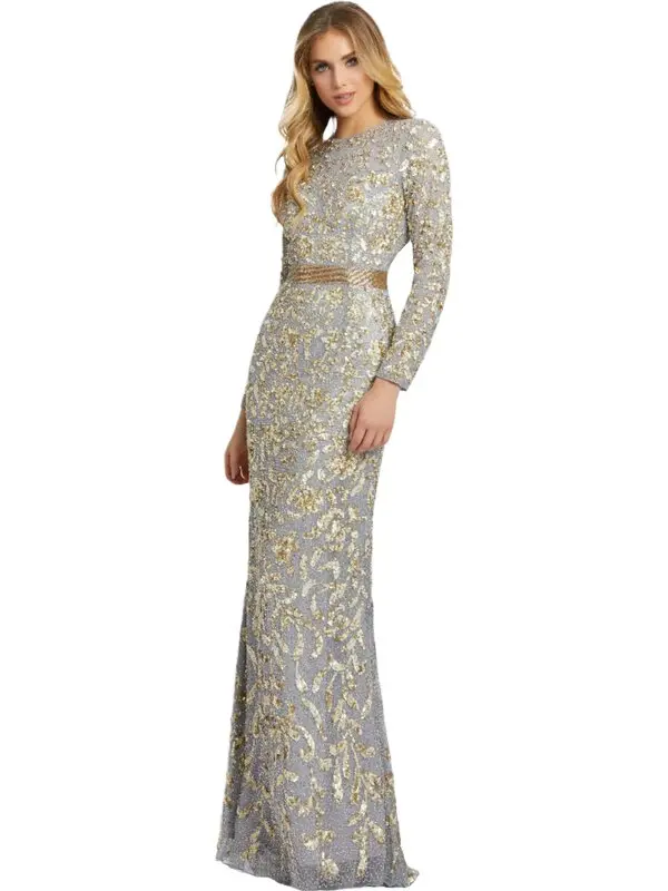 Mac Duggal Embellished Long Sleeve Gown - Platinum/gold