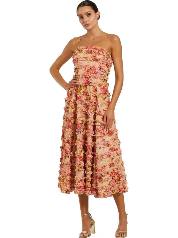Mac Duggal Floral Strapless Ruffle Midi Dress - Pink Multi