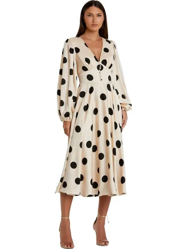 Mac Duggal Polka Dot Charmeuse Midi Dress - Cream Black