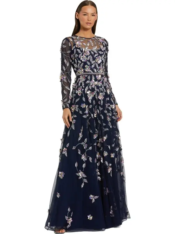 Mac Duggal Floral Applique Embellished Evening Gown - Navy