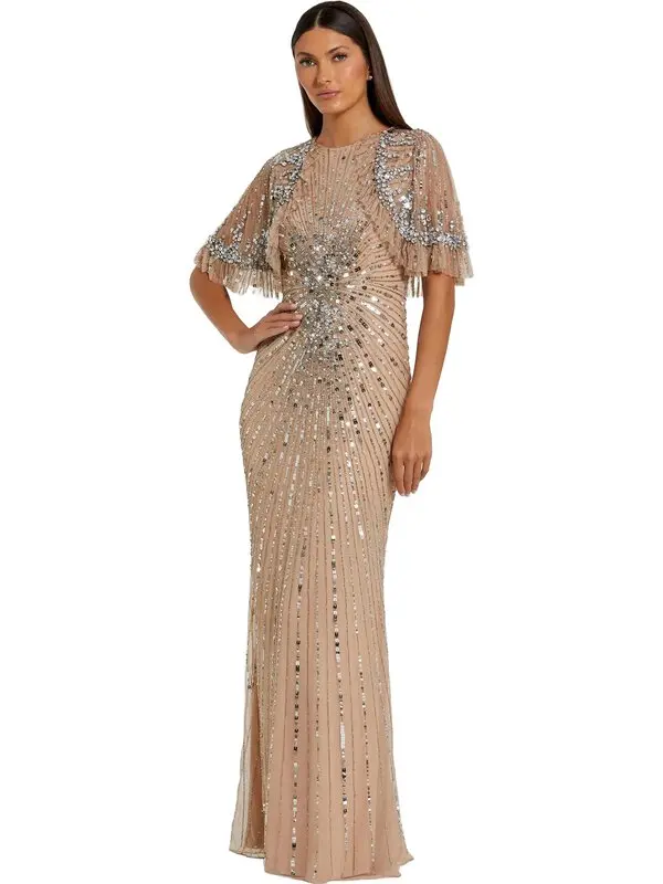 Mac Duggal Embellished Mesh Fitted Gown With Capelet - Nude Silver
