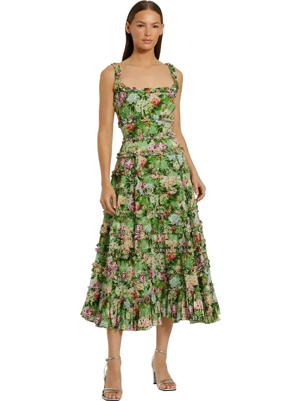 Mac Duggal Floral Ruffle Square Neck Midi Dress - Green Multi