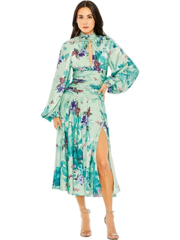 Mac Duggal Floral-printed Satin Long Sleeve Dress - Sage Multi