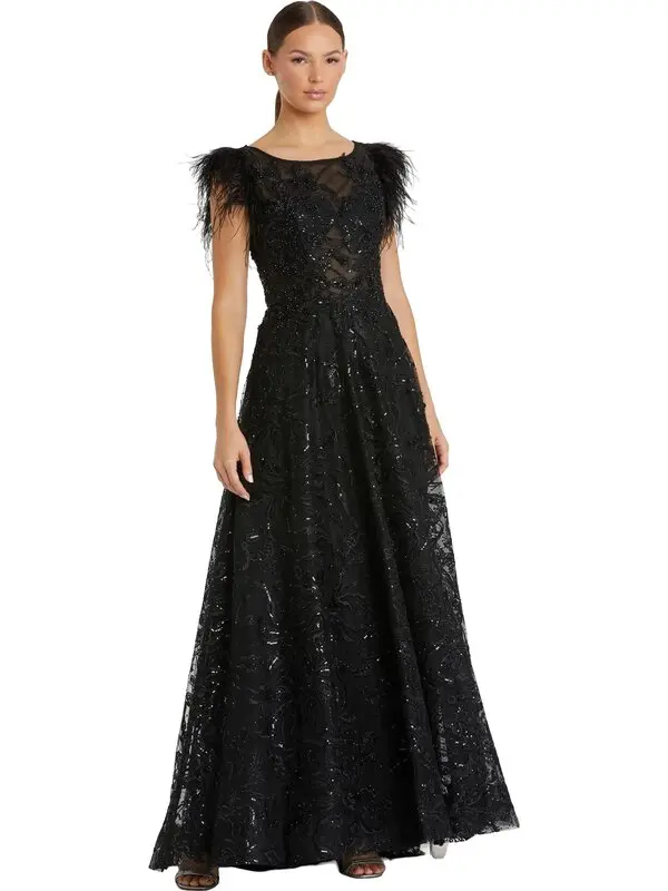 Mac Duggal Embellished A-line Gown With Feather Sleeves - Black