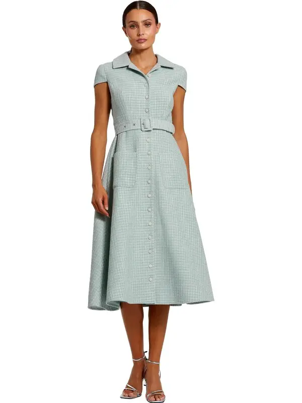 Mac Duggal Boucle Cap Sleeve Midi Dress - Seafoam