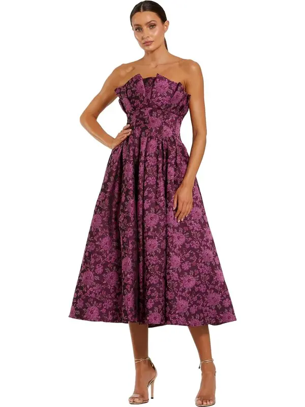 Mac Duggal Floral Brocade A-line Midi Dress - Magenta Multi