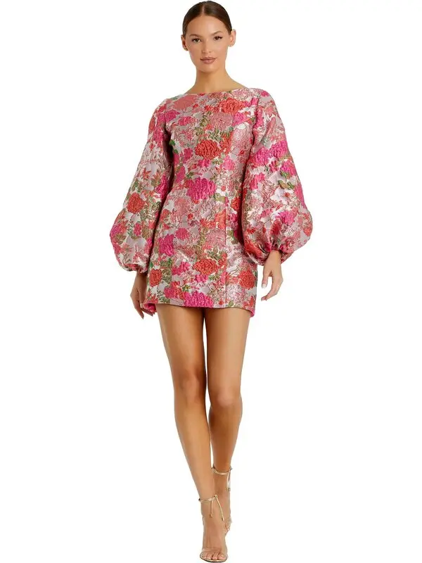 Mac Duggal Floral Brocade Balloon Sleeve Mini Dress - Pink