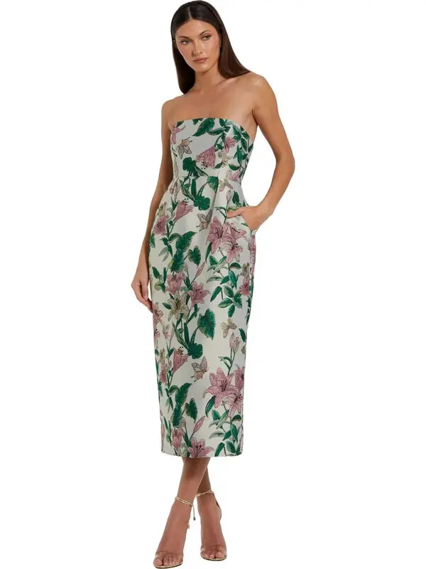 Mac Duggal Floral Brocade Strapless Midi Dress - Lily