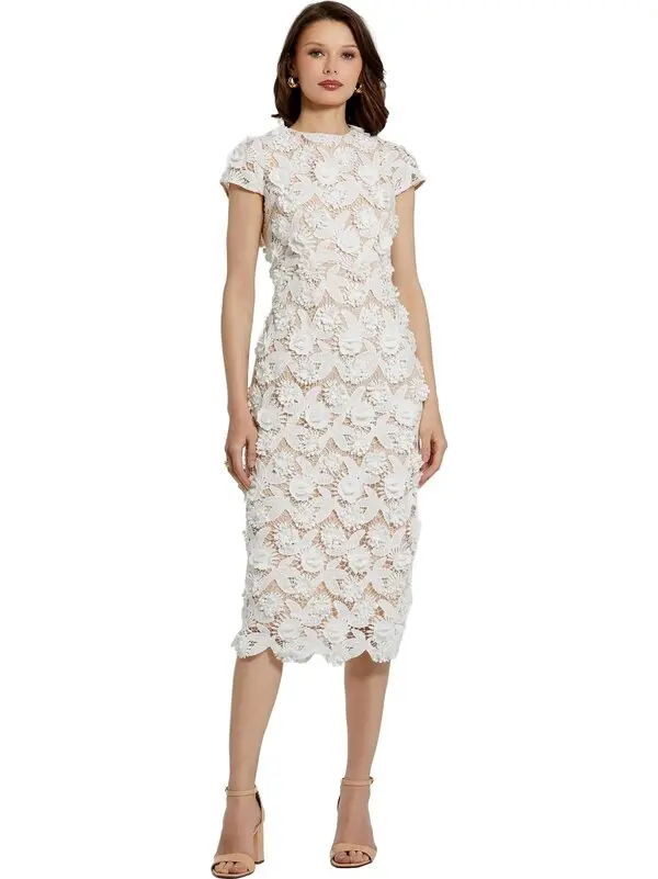Mac Duggal Floral Lace Fitted Short Sleeve Midi Dress - White
