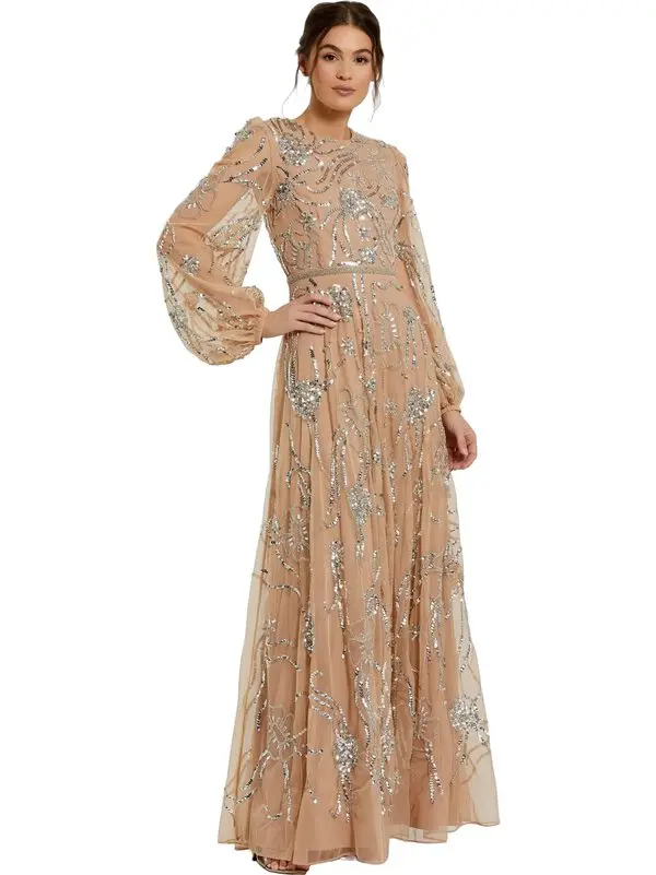 Mac Duggal Embellished High Neck Gown With Puff Sleeves - Nude Silver