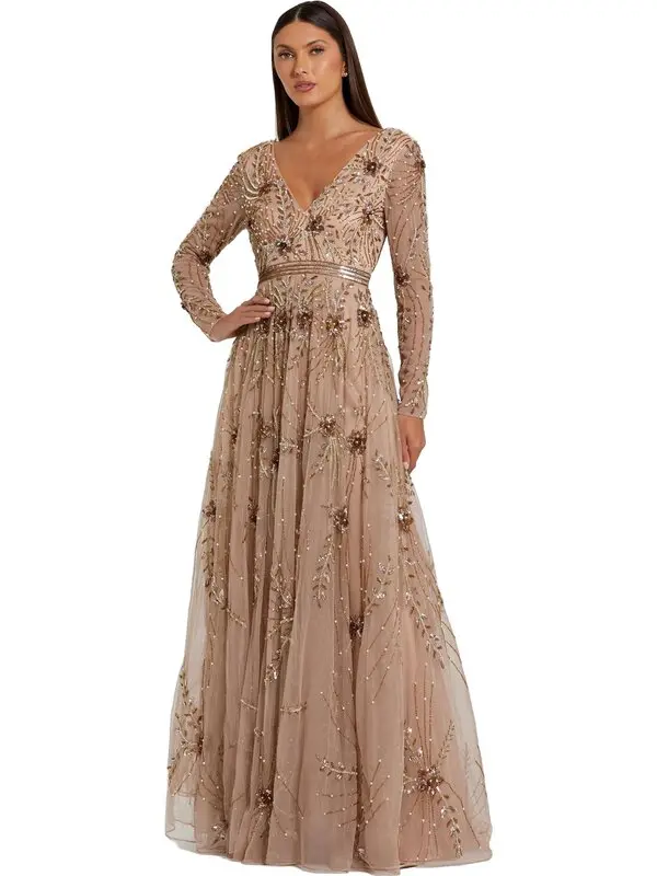 Mac Duggal Embellished A-line Gown With Sheer Sleeves - Antique Rose