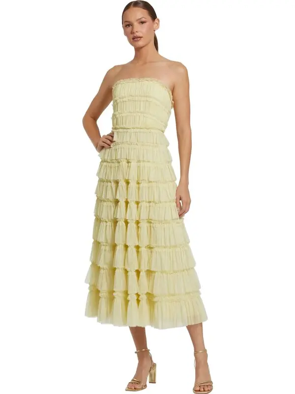 Mac Duggal Micro Ruffle Strapless Midi Dress - Yellow