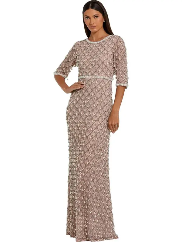 Mac Duggal Pearl Embellished 3/4 Sleeve Gown - Pink