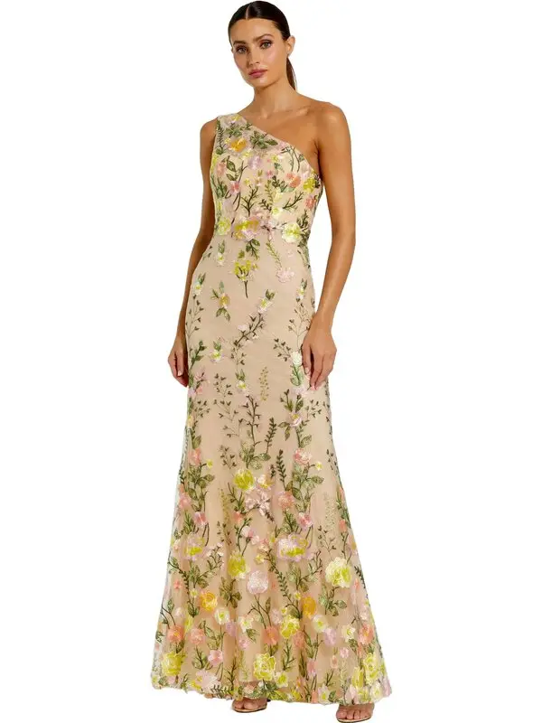Mac Duggal One Shoulder Floral Embroidered Gown - Yellow