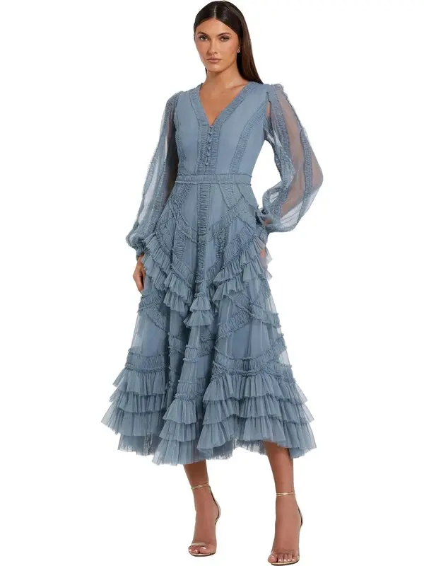 Mac Duggal Long Sleeve Ruffle Midi Dress - Slate Blue