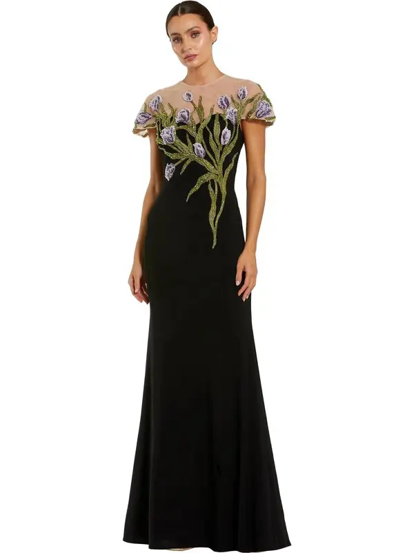 Mac Duggal Floral Embroidered Jersey Gown - Black Multi