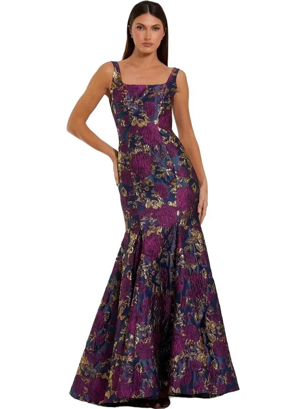 Mac Duggal Sleeveless Brocade Trumpet Gown - Midnight Multi