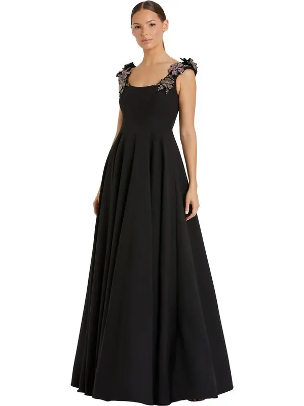 Mac Duggal Crepe Ballgown With 3d Floral Appliqués - Black