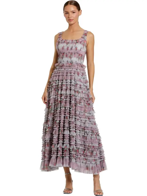 Mac Duggal Floral Printed Tiered Midi Dress - Purple Multi
