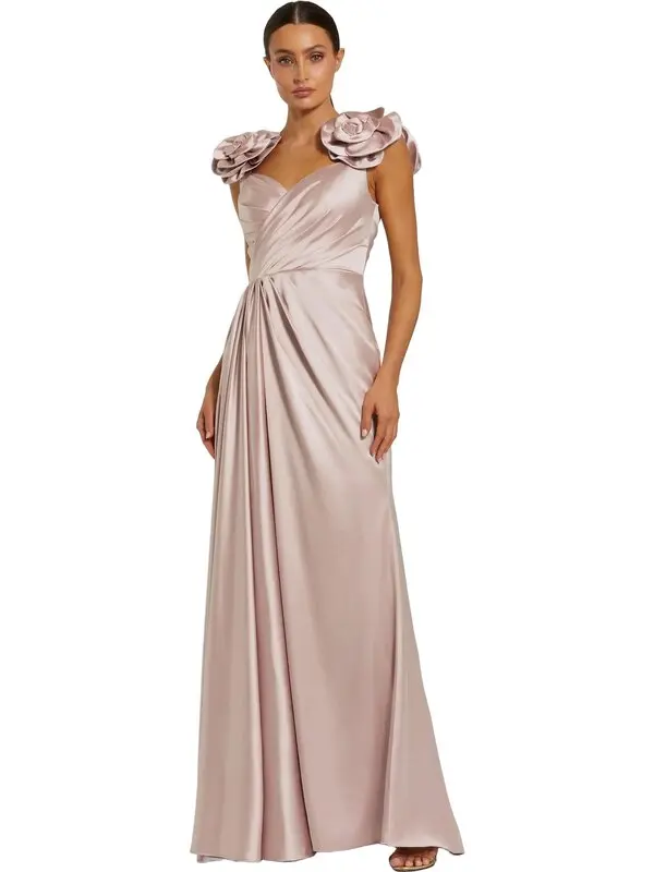 Mac Duggal Faux Wrap Satin Gown With 3d Flower Straps - Rose