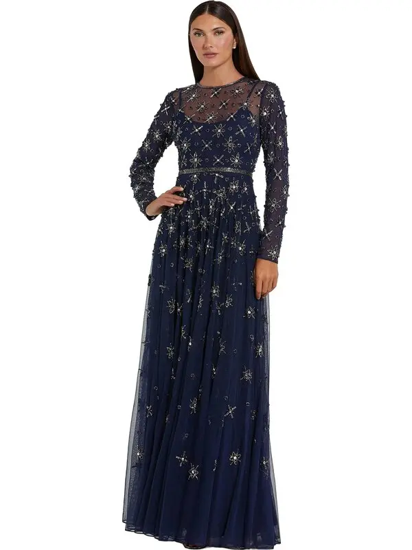 Mac Duggal Embellished Evening Gown With Long Sleeves - Midnight
