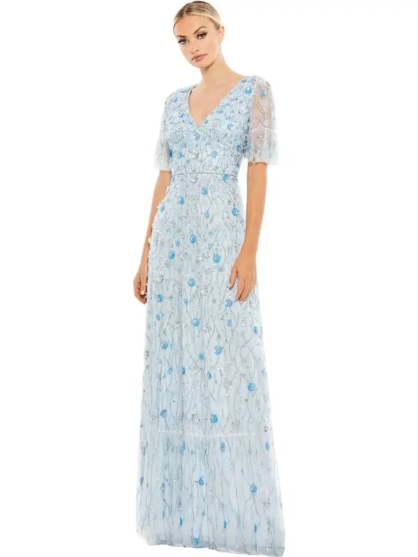 Mac Duggal Embellished V-neck Empire Waist Gown With Ruffle Hem - Powder Blue