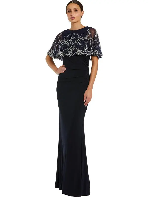 Mac Duggal Fitted Jersey Gown With Embellished Cape - Midnight