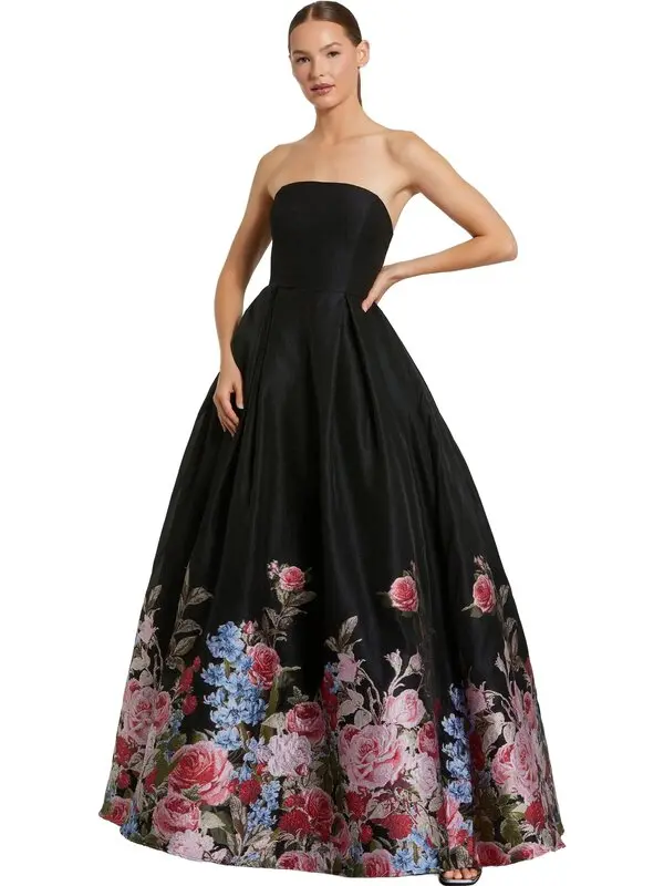 Mac Duggal Floral Brocade Strapless Ballgown - Black Multi