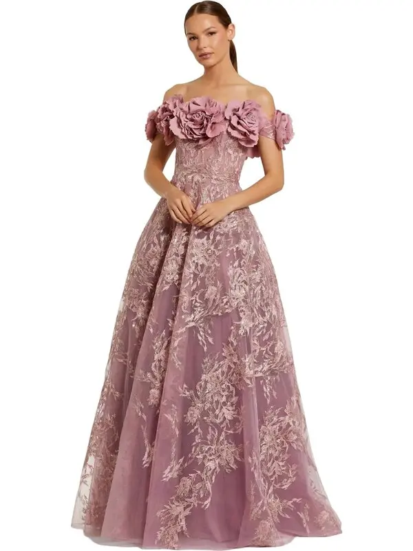Mac Duggal Floral Embroidered Off-the-shoulder Gown - Mauve