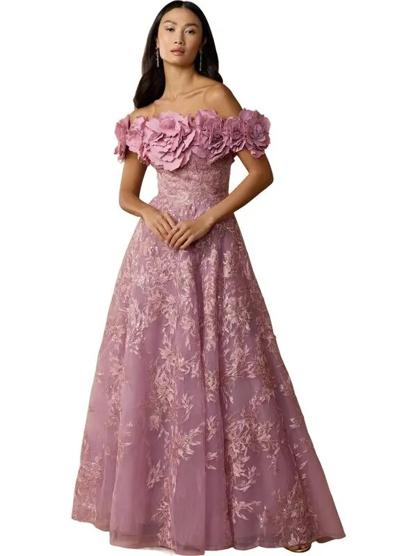 Mac Duggal Floral Embroidered Off-the-shoulder Gown - Mauve