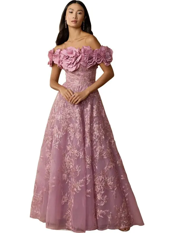 MAC DUGGAL COLLECTION Off-the-shoulder Floral Embroidered Tulle A-line Gown - Mauve